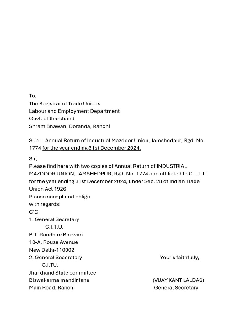 Annual Return of Industrial Mazdoor Union | PDF