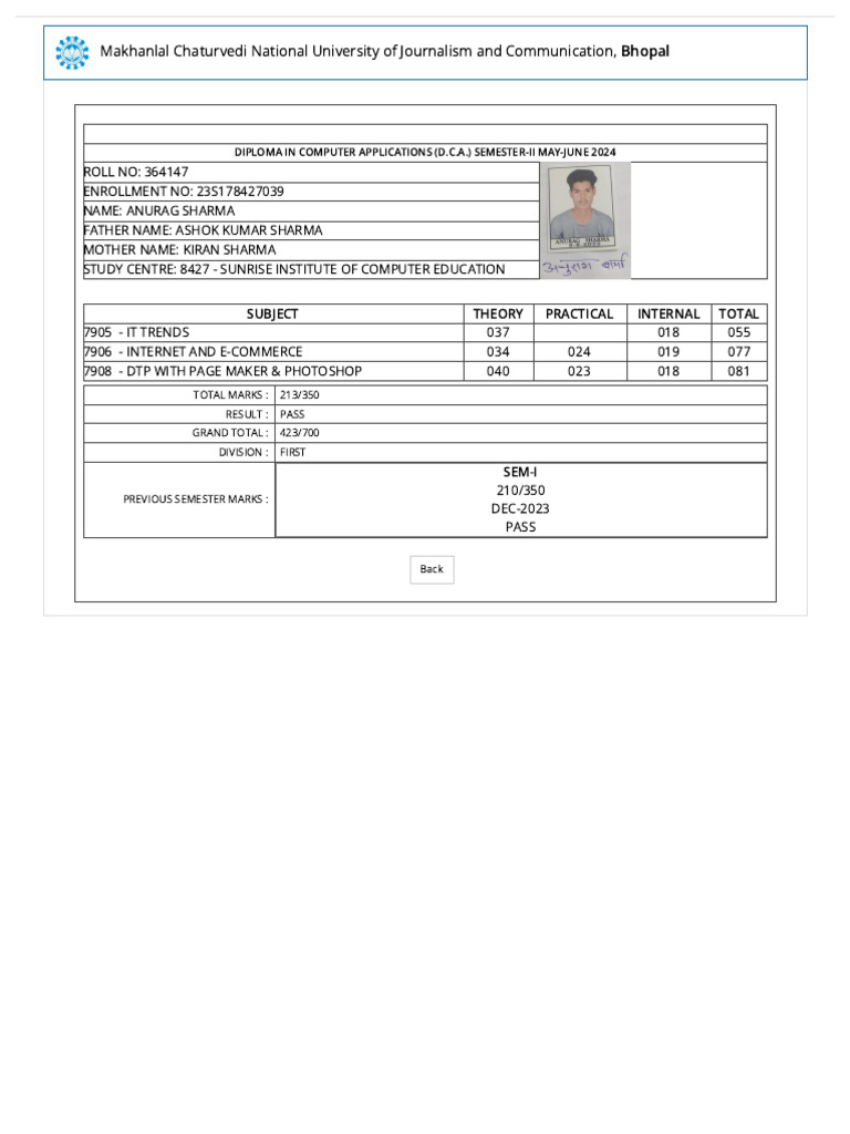 Anurag Sharma DCA 2 Sem MCU Result | PDF