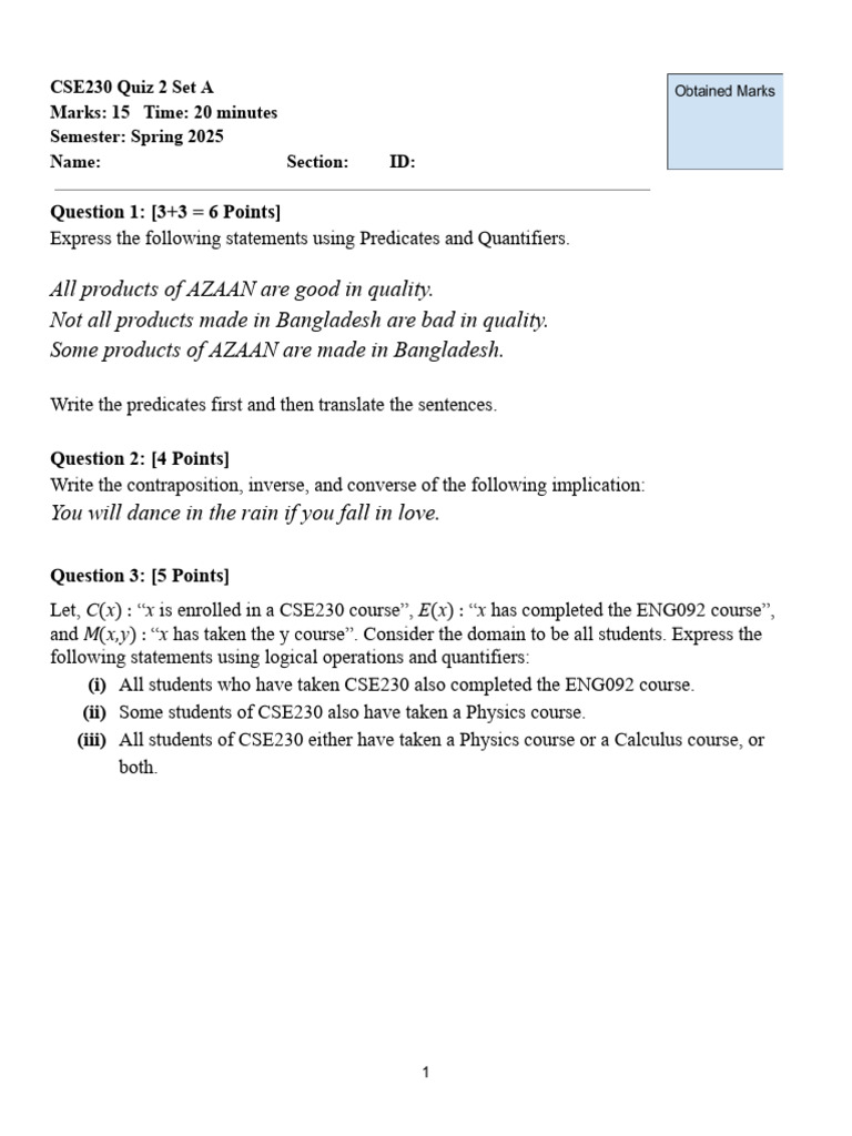 Quiz 2 Predicates and Quantifiers | PDF