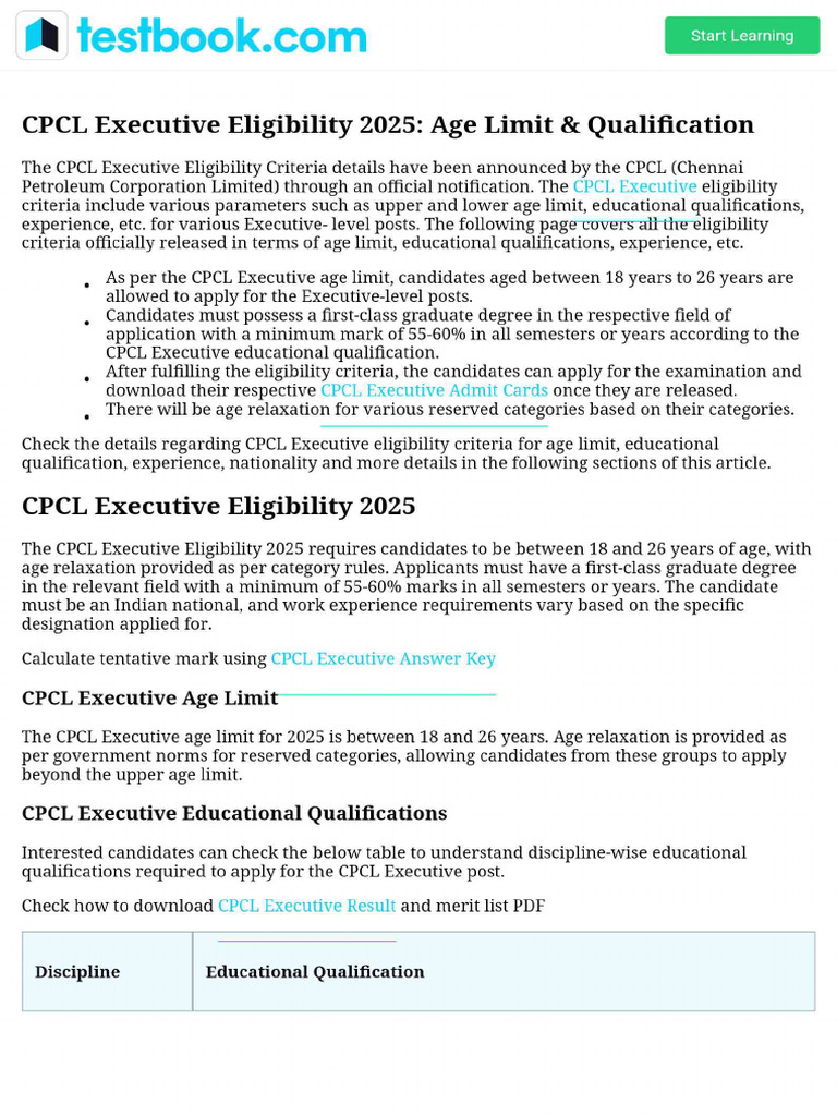 CPCL Executive Eligibility 2025 - Age Limit & Qualification | PDF