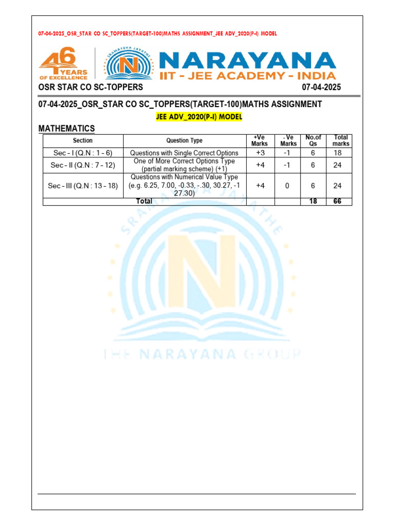 07-04-2025 - Osr - Star Co SC - Toppers (Target-100) Maths Assignment - Jee Adv - 2020 (P-I ...