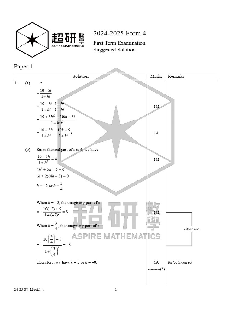 F4 First Term Examination Solution | PDF | Algebra | Mathematics