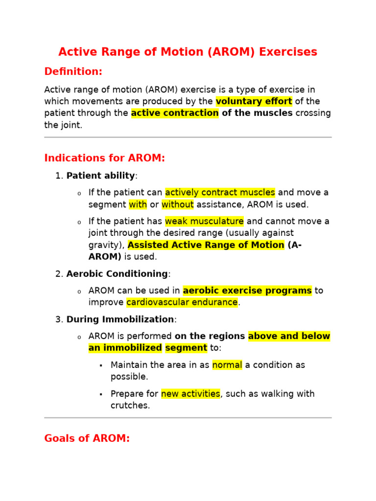 Active Range of Motion (AROM) Exercises Guide | PDF | Skeletal Muscle ...