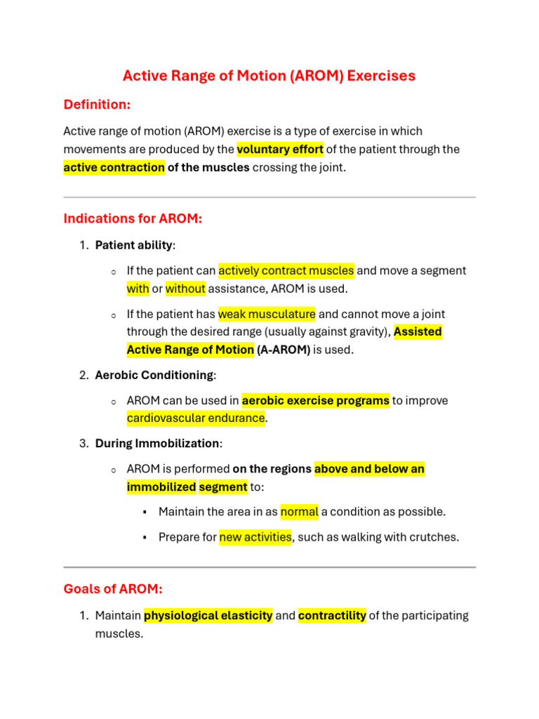 Active Range of Motion (AROM) Exercises | PDF | Skeletal Muscle | Muscle