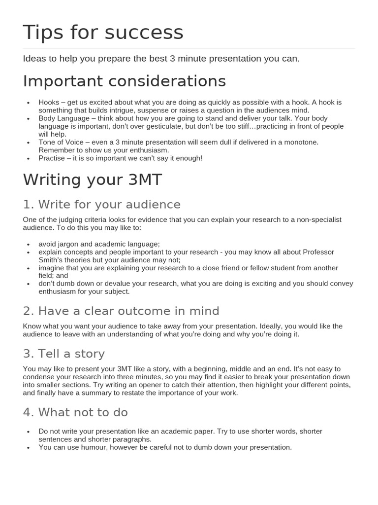 Tips For Success 3MT Presentation | PDF | Human Communication ...