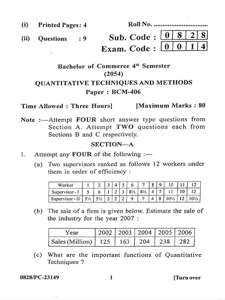 BCom - 4th Sem - BCM-406 - Quantitative Techniques and Methods - May 2024 | PDF