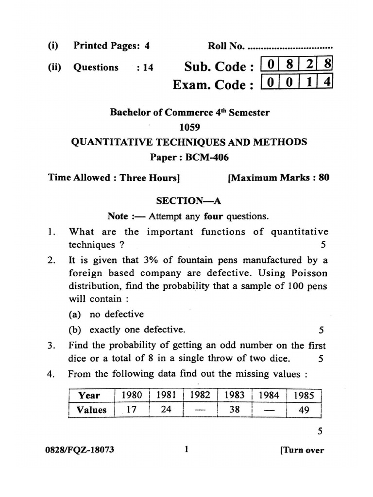 B.com_4th Sem_Quantitative Techniques and Methods_BCM-406_May 2019 | PDF