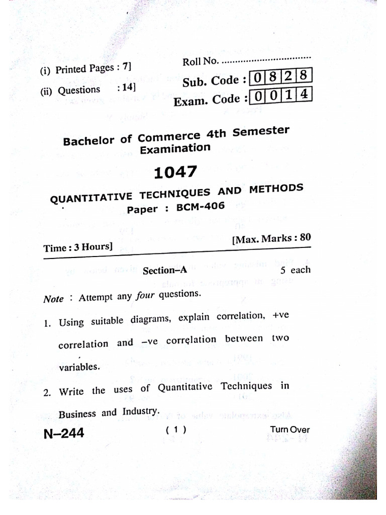 4th Sem Quantitative Techniques and Methods, Paper-BCM-406 May 2017 | PDF