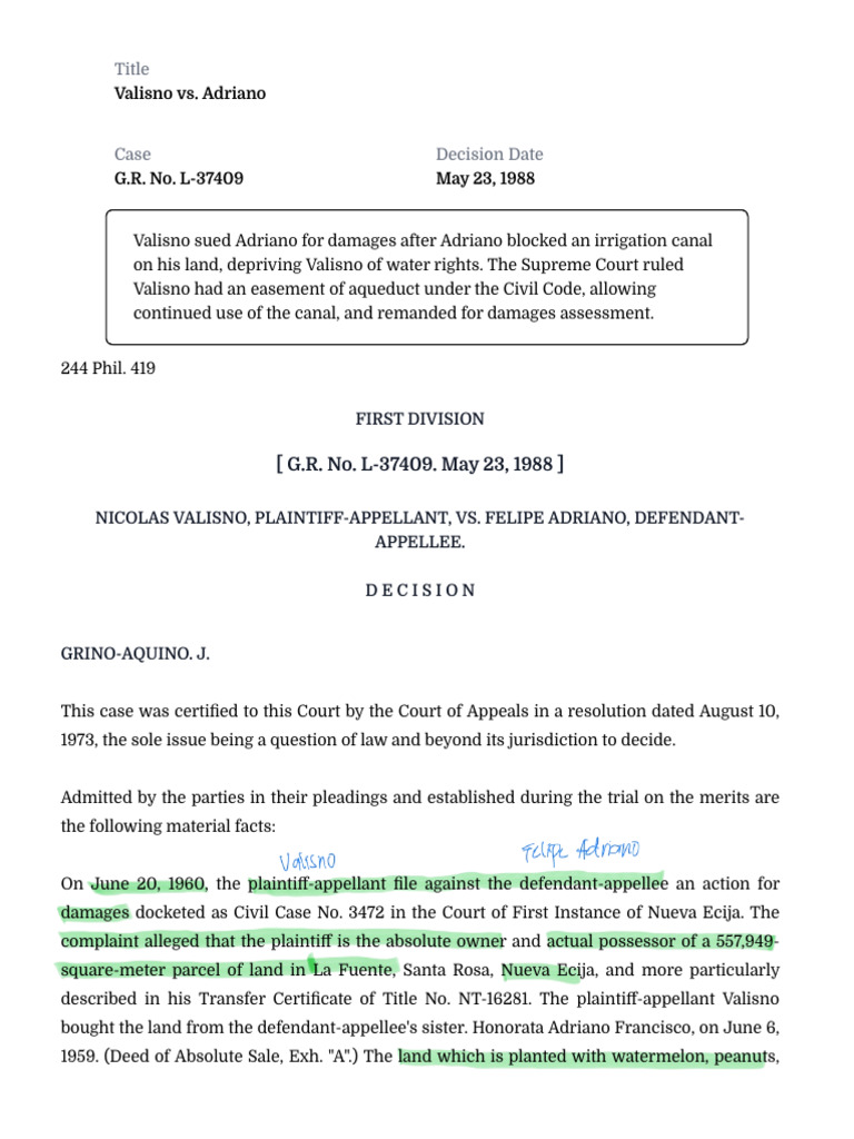 G.R.-No.-L-37409-Valisno-vs.-Adriano | PDF | Lawsuit | Easement