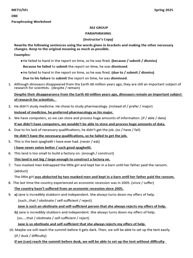 Paraphrasing Worksheet INS | PDF