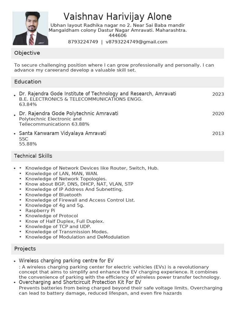 vaishnav Alone CV_2025-01-09-061931 | PDF | Computer Network | Data Transmission