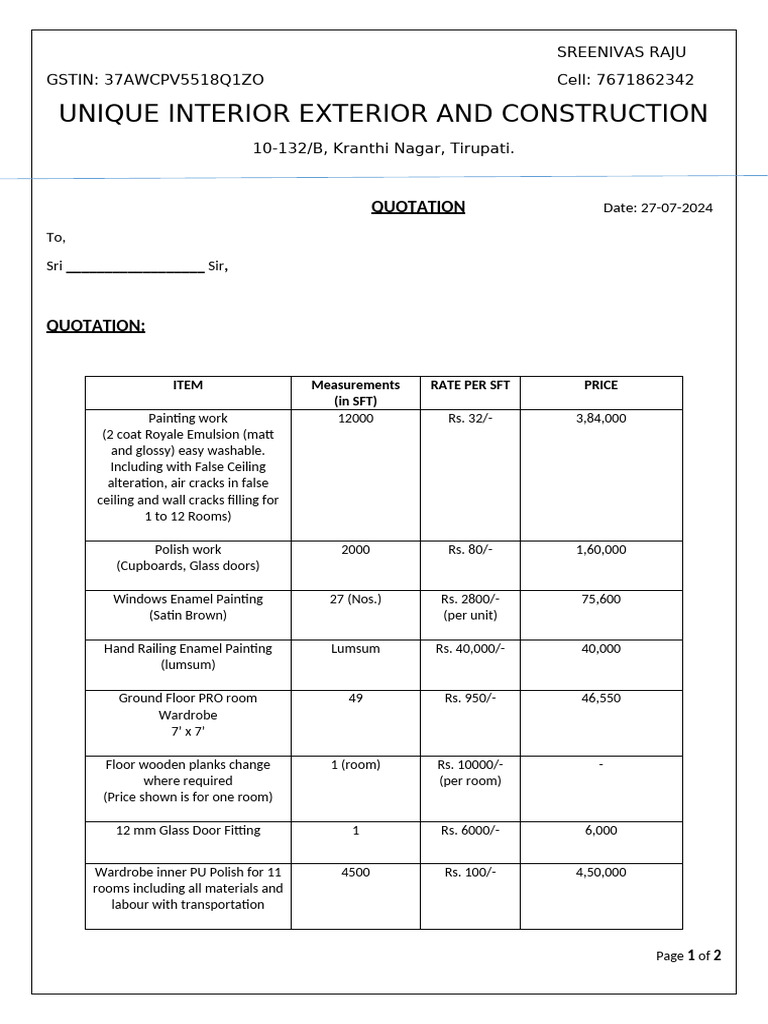 Seenu Tirumala Work Quotation with inner lam and polish | PDF ...