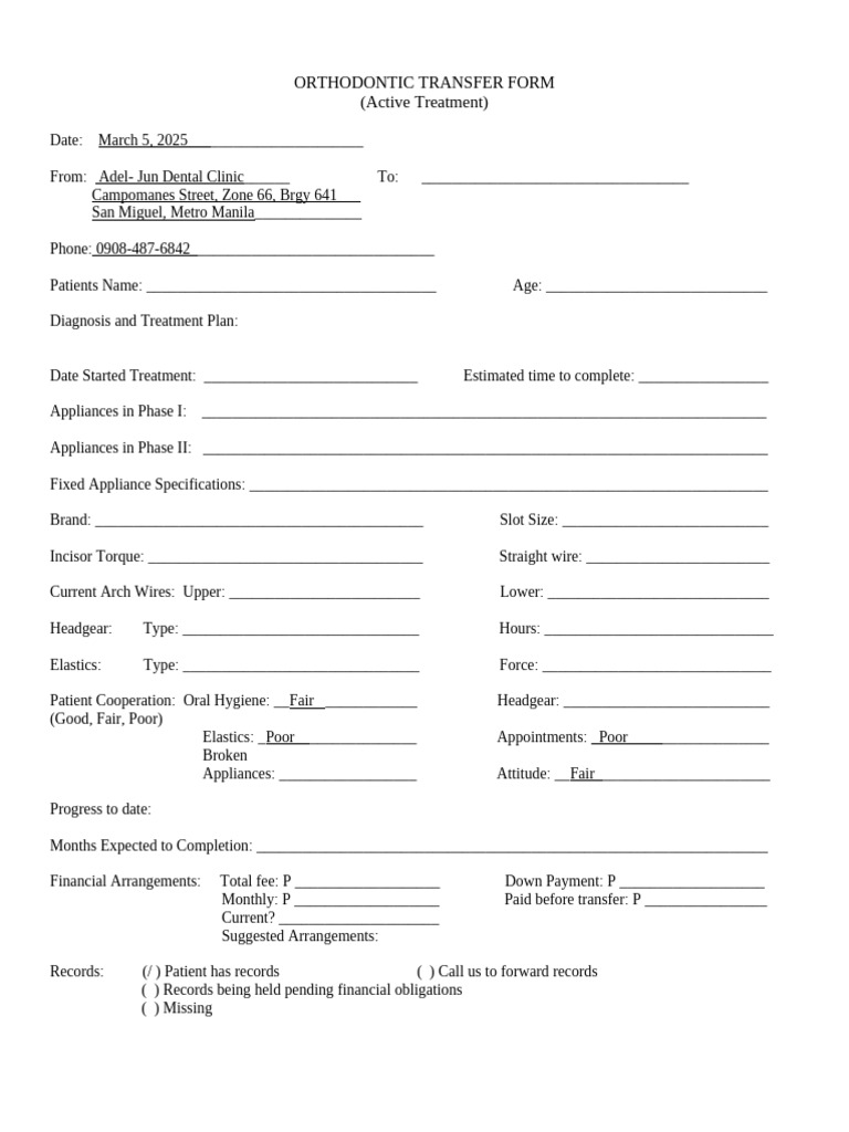 Orthodontic Transfer Form2 | PDF | Orthodontics | Dentistry Branches