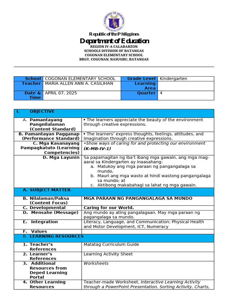 Lesson Plan Q4 Week 6 Day 1 Matatag Co | PDF