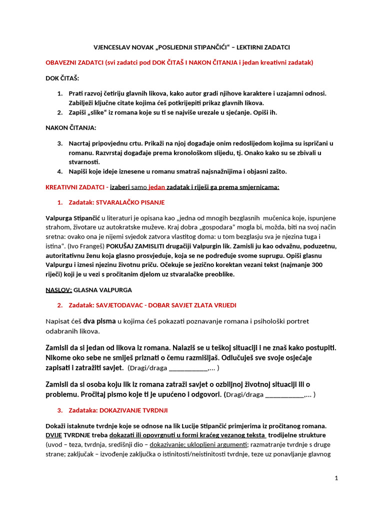 V. Novak Lektirni Zadatci 1. r. | PDF