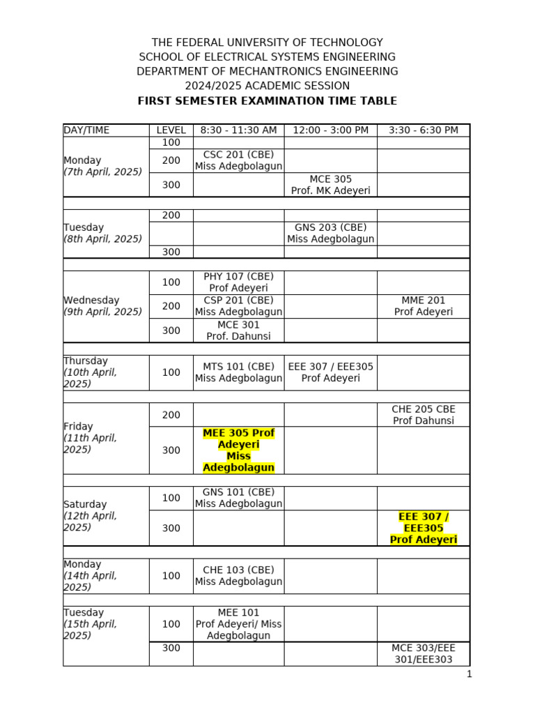 MCE Extracted Timetable 2024-2025-1 | PDF