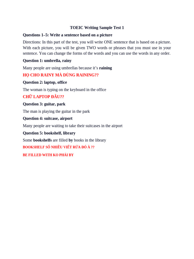 TOEIC Writing Sample Test 1 - Minh | PDF