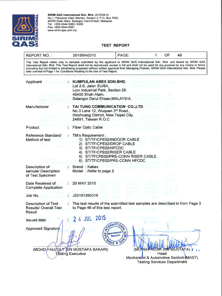 05c Fiber Cable (SIRIM) | PDF