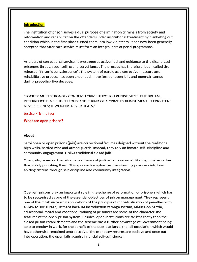 Open Prison System in India: Overview | PDF | Prison | Rehabilitation ...