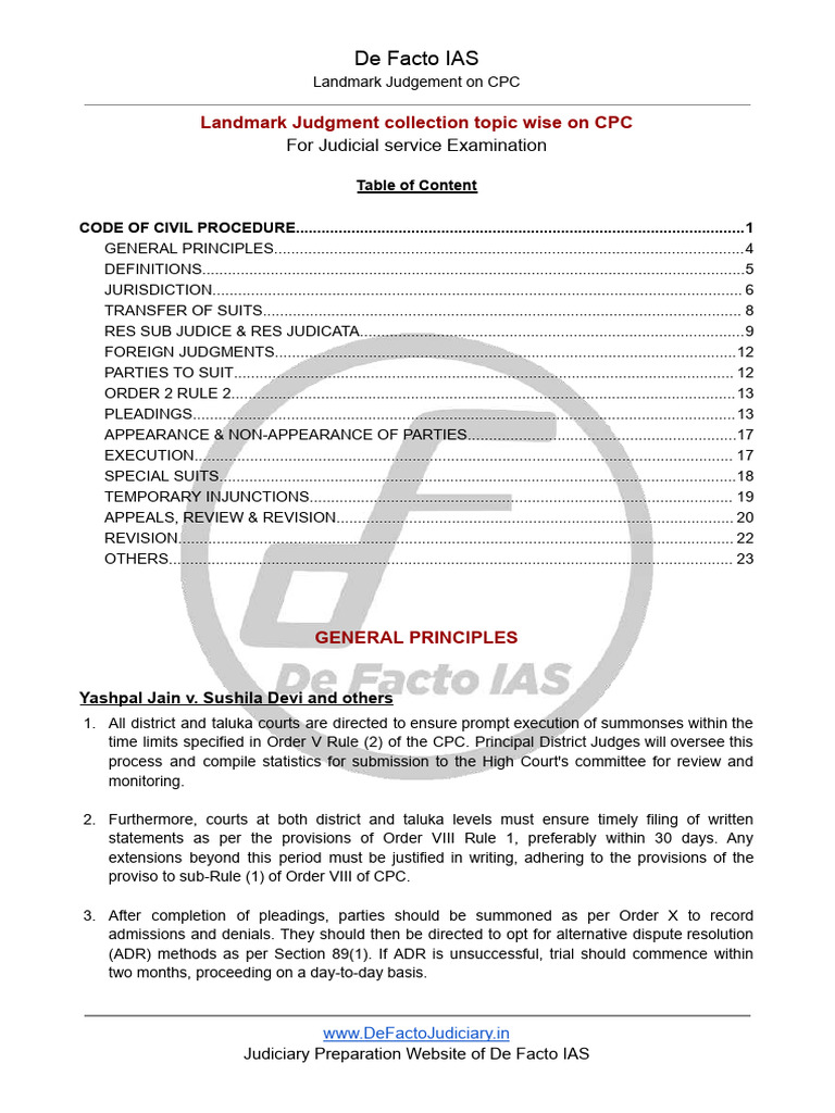De Facto IAS: Landmark Judgment Collection Topic Wise On CPC | PDF ...