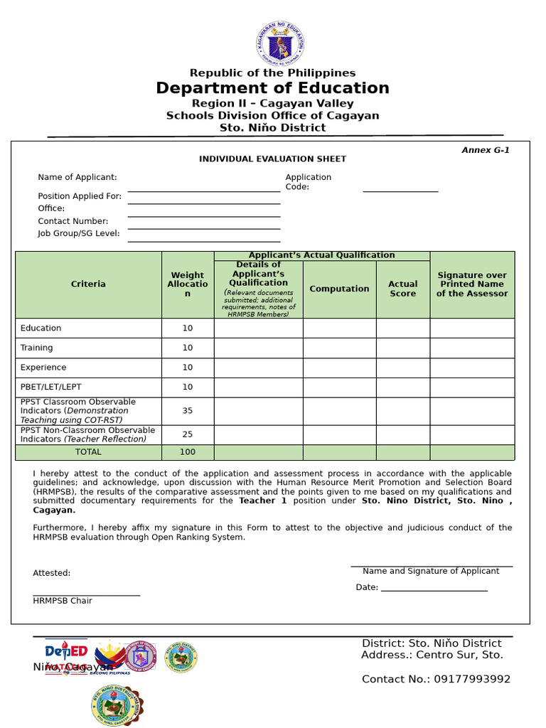 Teacher 1 Application Evaluation Sheet | PDF