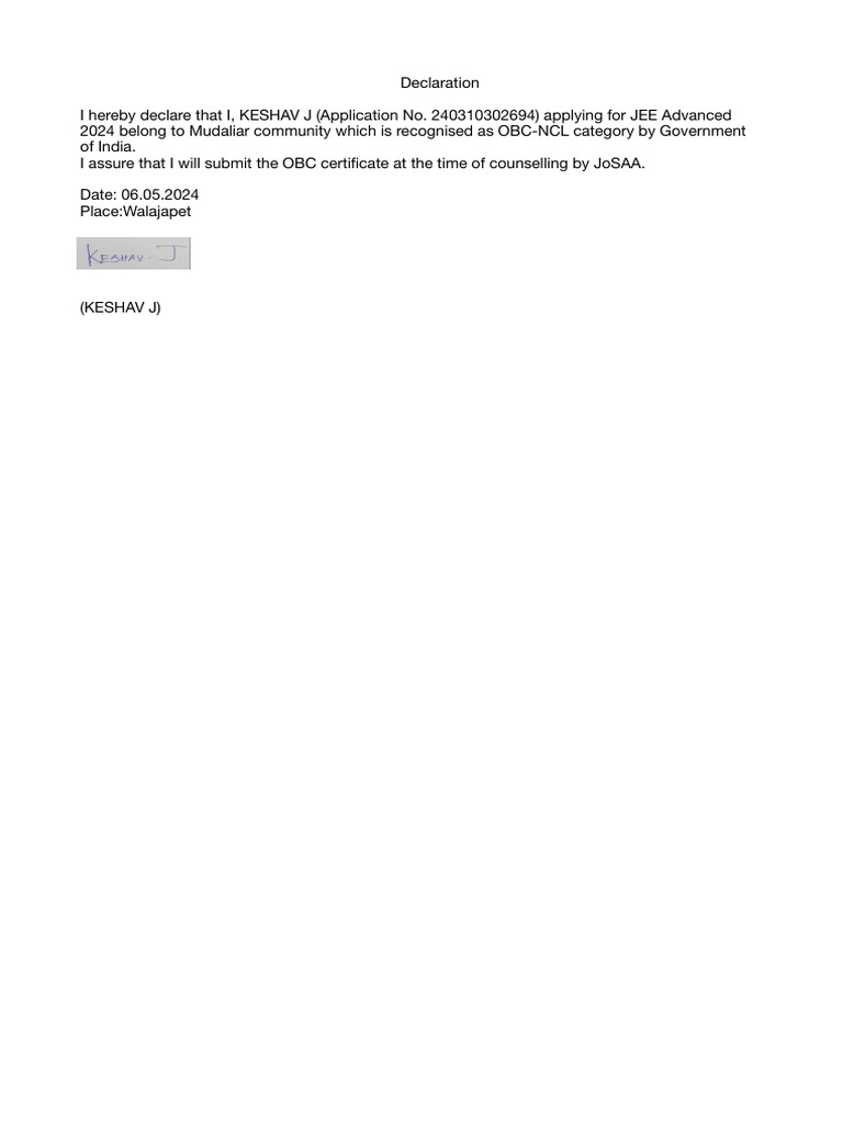 OBC-NCL Certificate Declaration 2024 | PDF