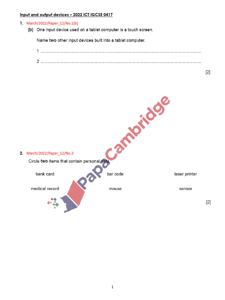 2022 Input and Output Devices IGCSE 0417 | PDF
