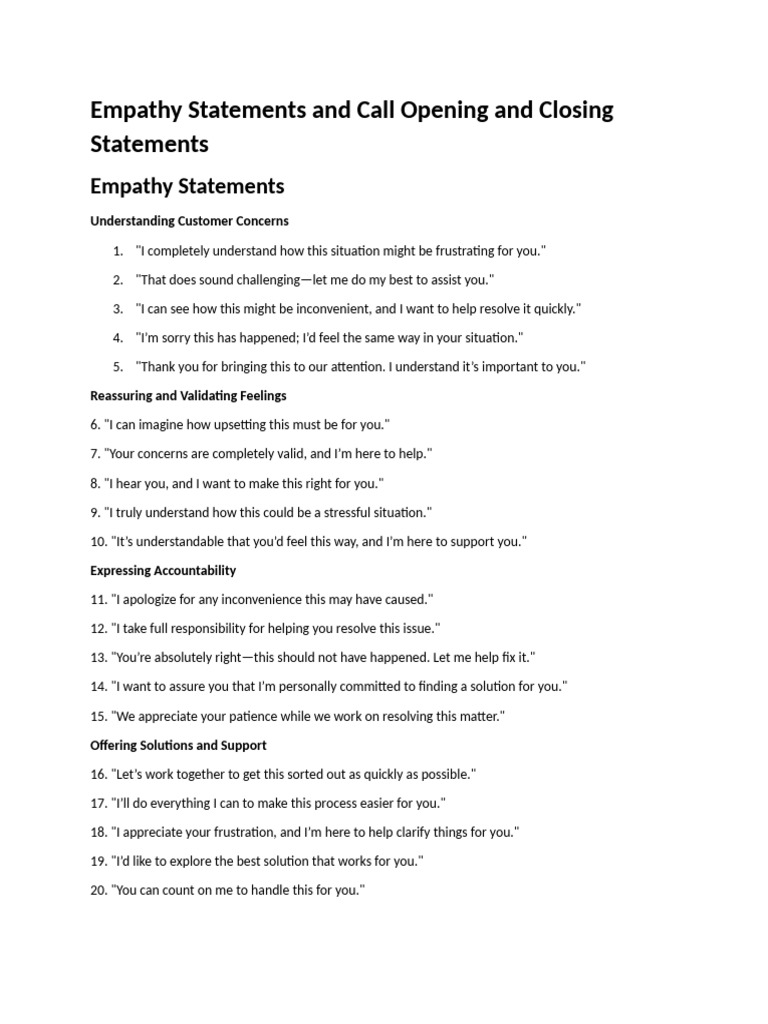 Empathy Statements and Call Opening and Closing Statements | PDF