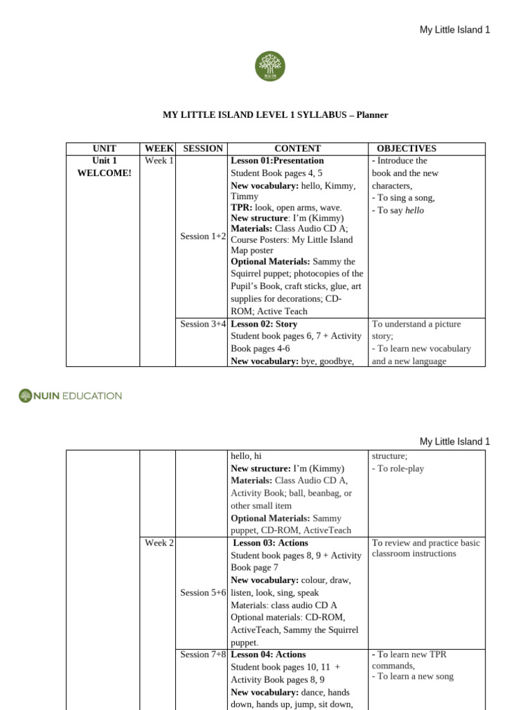 My Little Island 1 Syllabus Overview | PDF | Vocabulary | Cd Rom