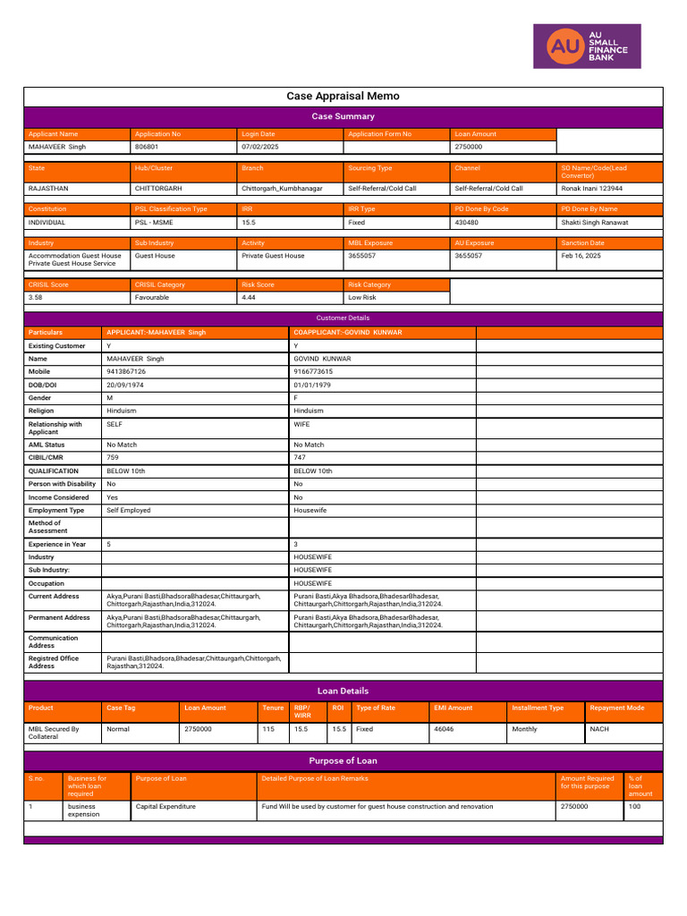 Case Appraisal Memo for Loan Application | PDF | Loans | Private Sector