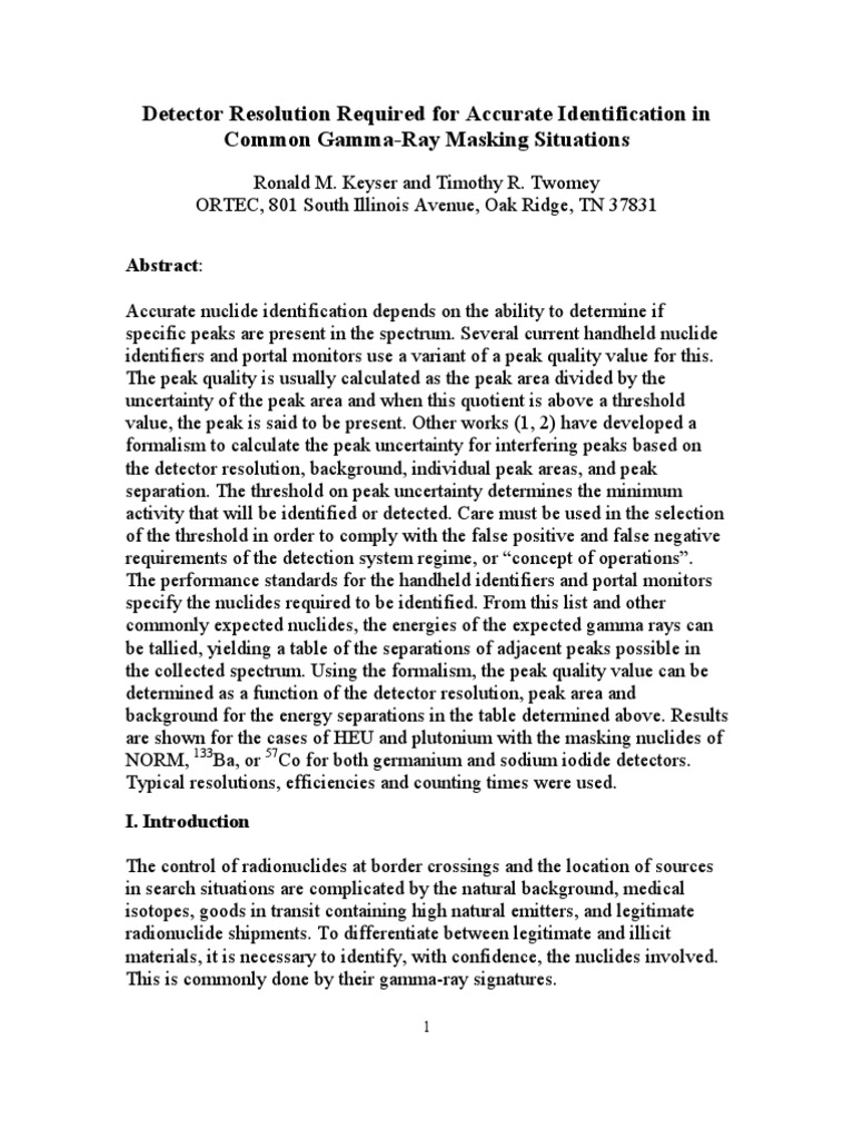 Detector Resolution Required Accurate Identification Common Gamma Ray ...
