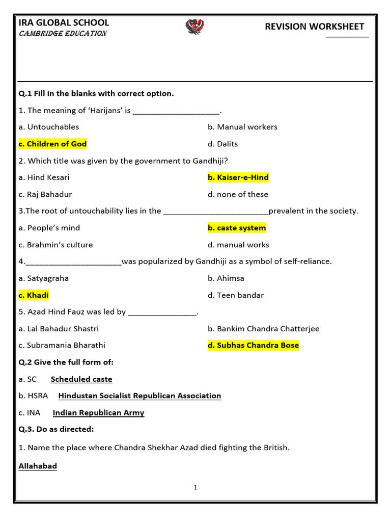 GR 7 SS Revision Worksheet UT4 Answerkey | PDF | Caste | Indian ...