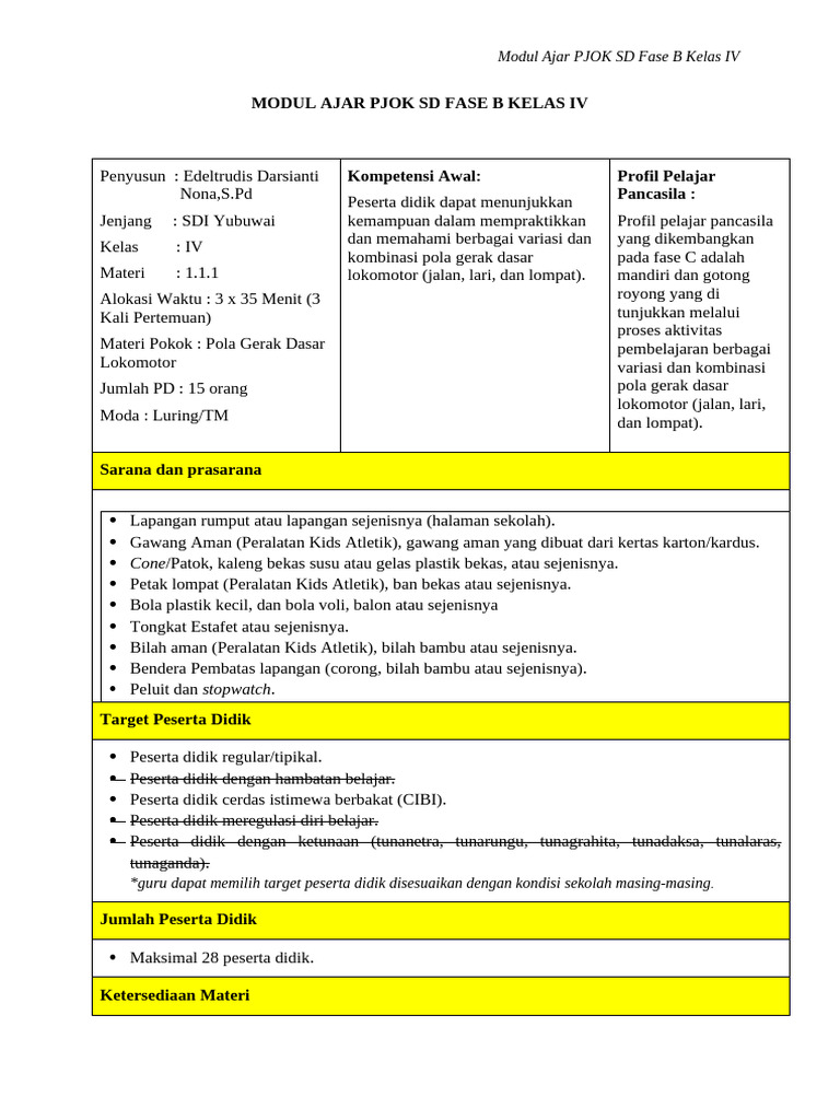 MODUL AJAR - PJOK Kls 4 - Pola Gerak Dasar Lokomotor | PDF