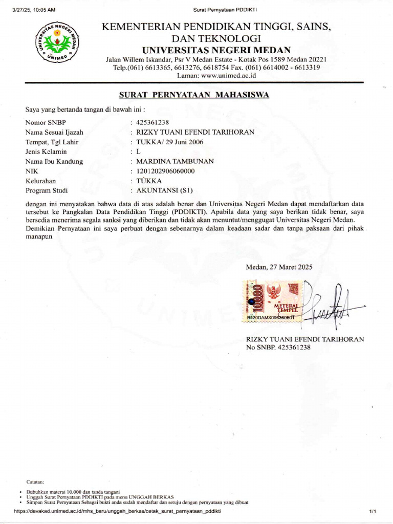 Surat Pernyataan Mahasiswa Pddikti | PDF