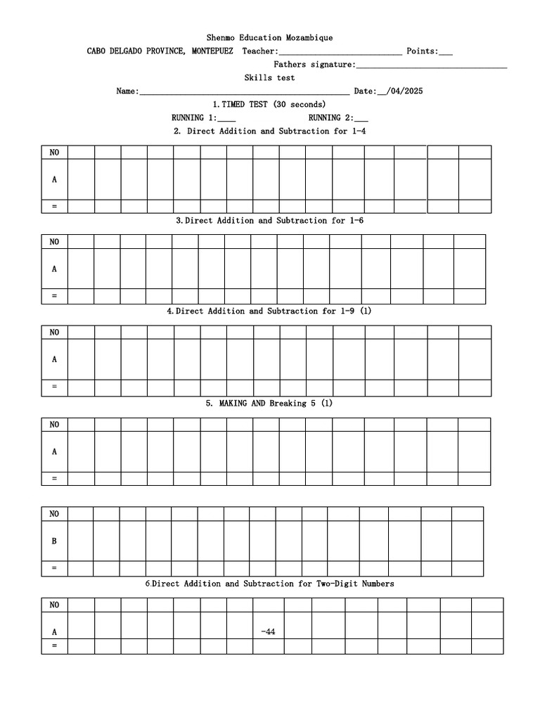 Abacus Skills Test for Level 1 | PDF