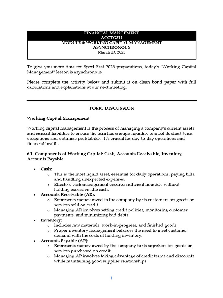 Module 6 Working Capital Management Asynchronous | PDF | Working Capital | Inventory