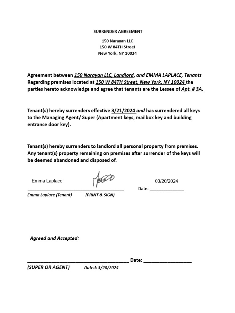 SURRENDER AGREEMENT - 150 W 84th - 3A - Emma Laplace - Signed | PDF