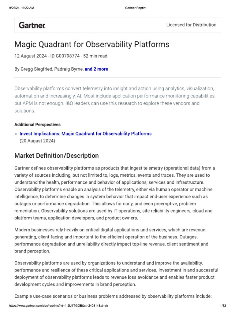 Gartner-MagicQuadrant For Observability Platforms 2024 | PDF
