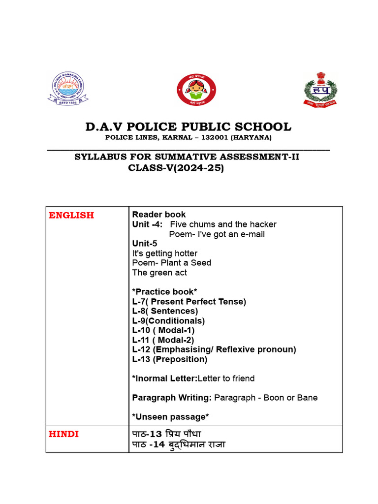 Class-5 Syllabus For The SA-2 | PDF