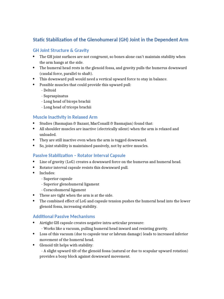 Static Stabilization GH Joint Notes | PDF | Arm | Musculoskeletal System