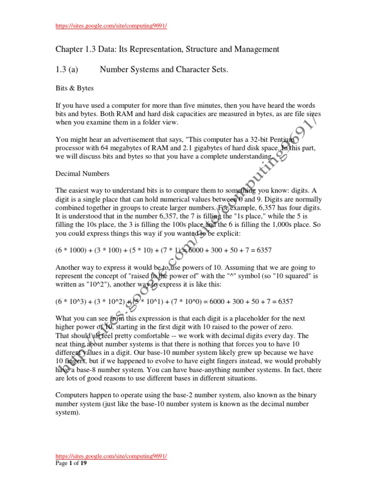 Chapter 1.3 Data: Its Representation, Structure and Management 1.3 (A) Number Systems and ...