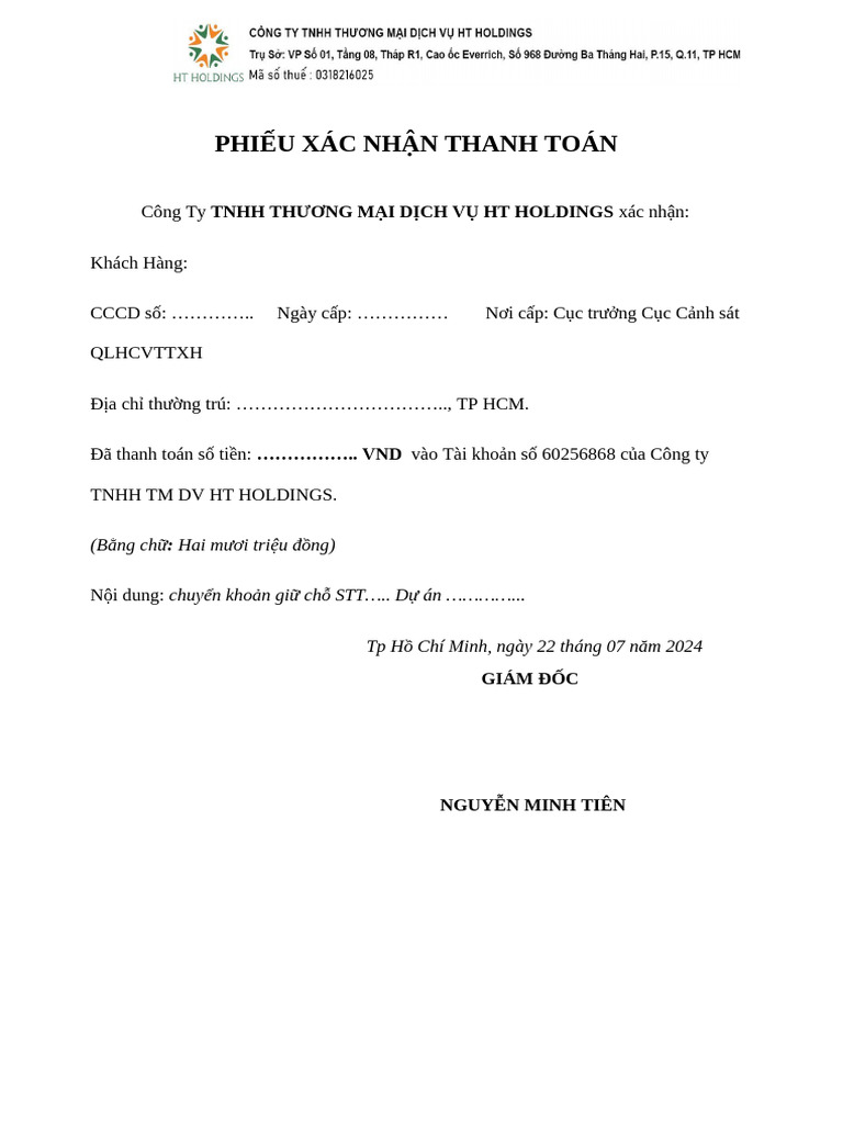 Phieu Xac Nhan Thanh Toan | PDF