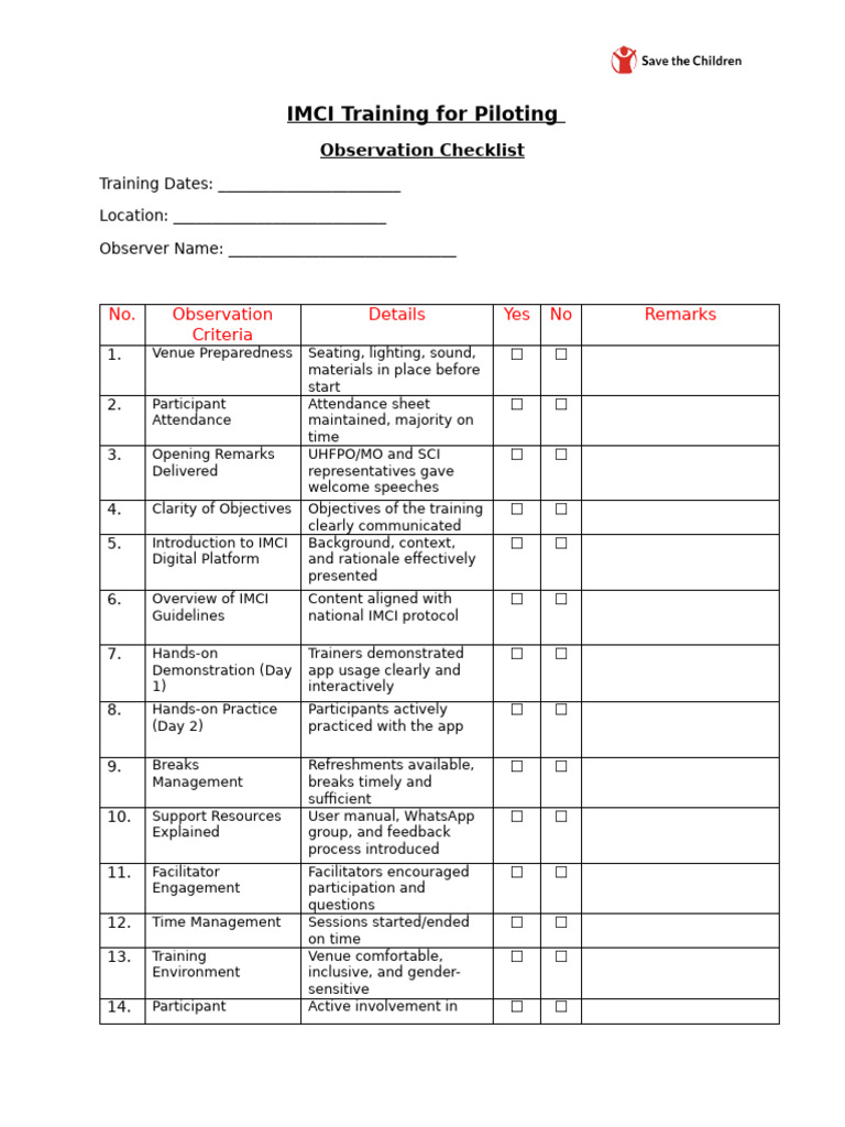 IMCI Training For Piloting - Observation Checklist | PDF