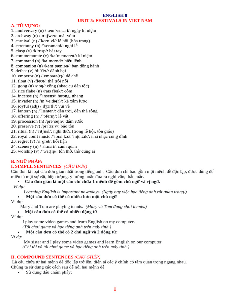 Bài Tập Anh 8 Theo Unit E8 UNIT 5 | PDF