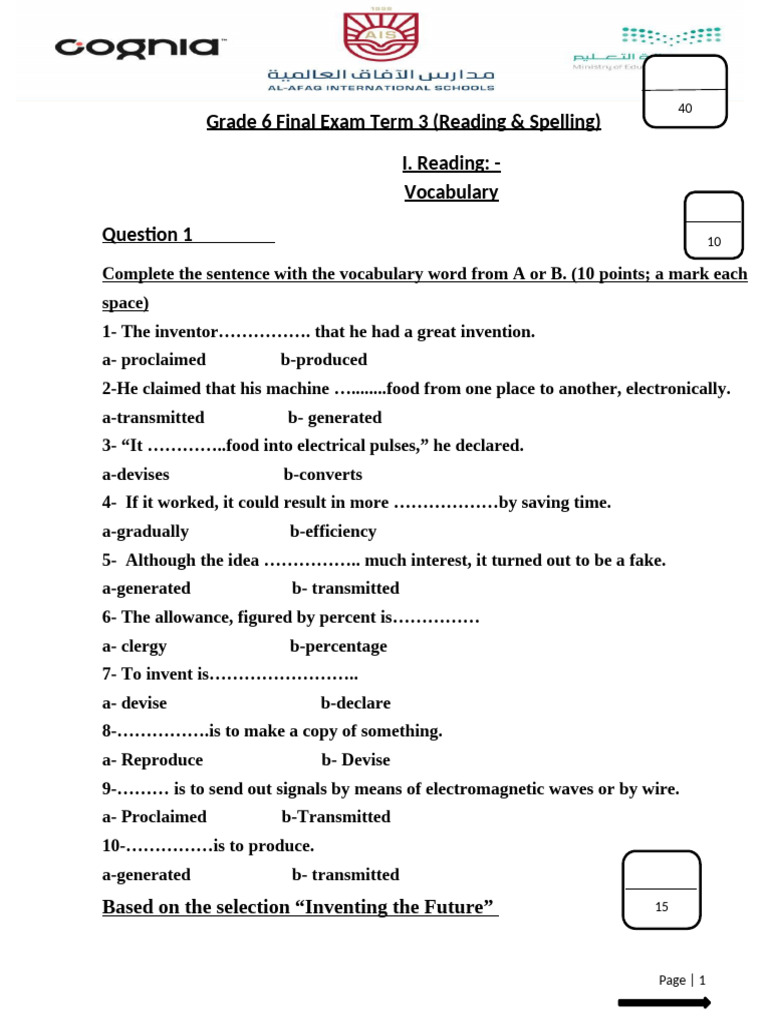 Exam Grade 6 Reading & Spelling Final Term 3 | PDF | Mosquito | Thomas Edison