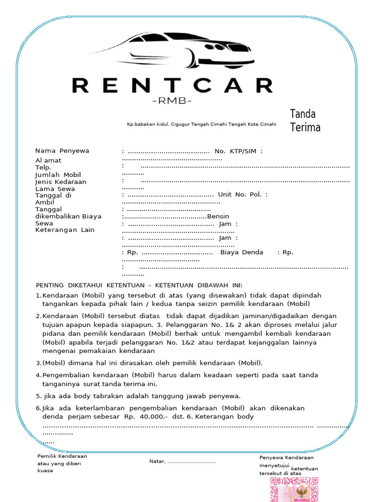 Contoh Nota Sewa Mobil dan Ketentuan | PDF