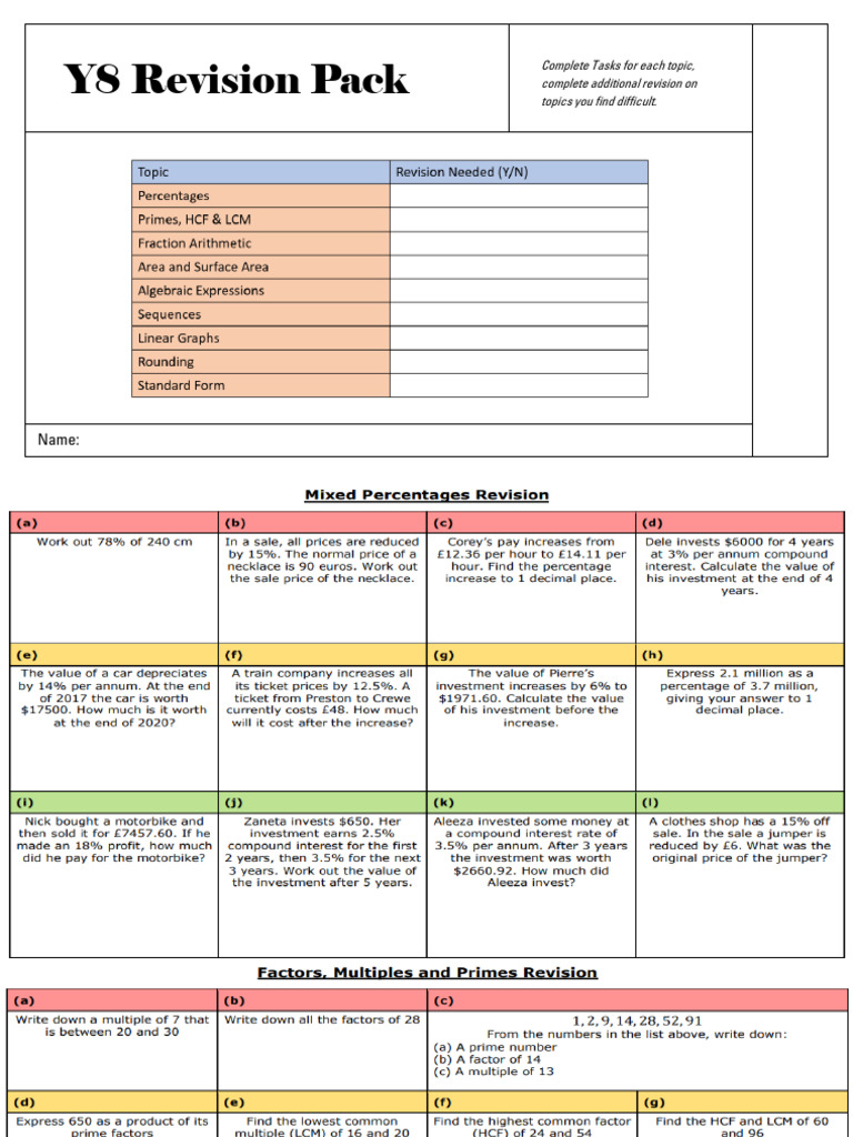 Y8 Revision Pack Term 2 Summary Paper | PDF