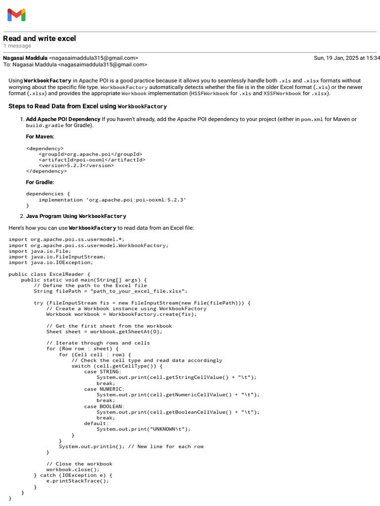 Gmail - Read and Write Excel | PDF | Microsoft Excel | Computing