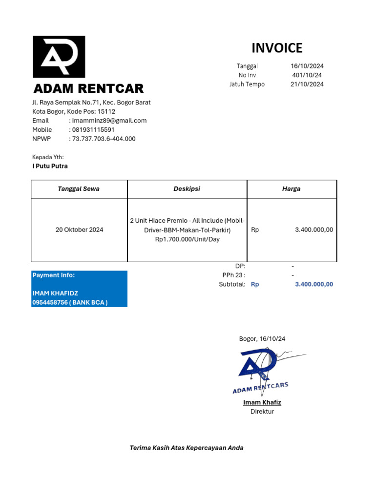 Invoice Sewa Mobil Putu Rental | PDF