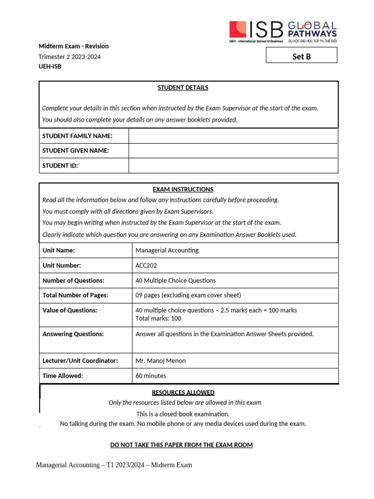 MA Midterm Set B Revision T2 2023 2024 | PDF | Business Economics ...